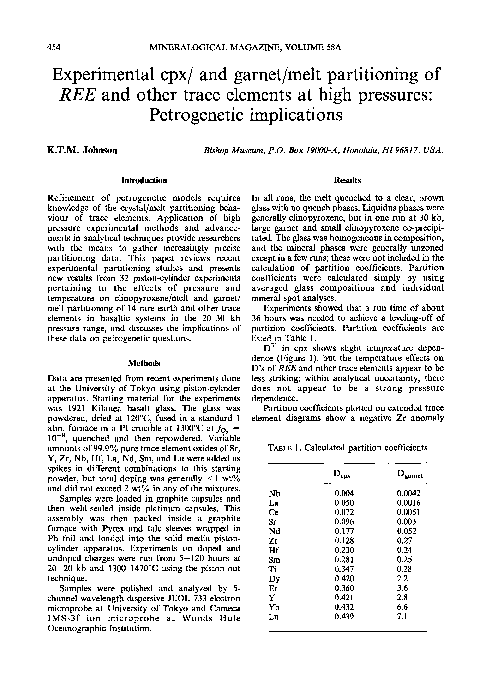 (PDF) Experimental cpx/ and Garnet/Melt Partitioning of REE and Other Trace Elements at High ...