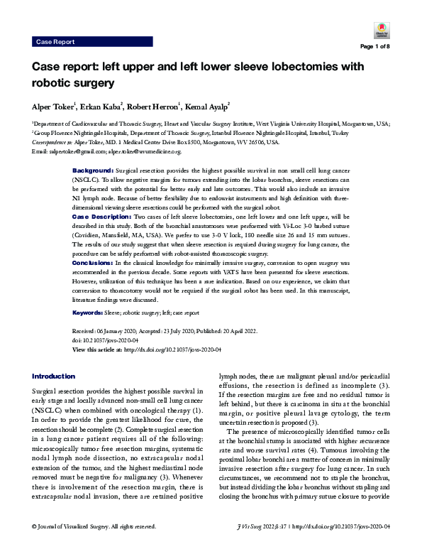 Pdf Case Report Left Upper And Left Lower Sleeve Lobectomies With Robotic Surgery