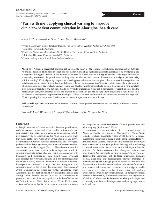 (PDF) ‘Yarn with me’: applying clinical yarning to improve clinician ...
