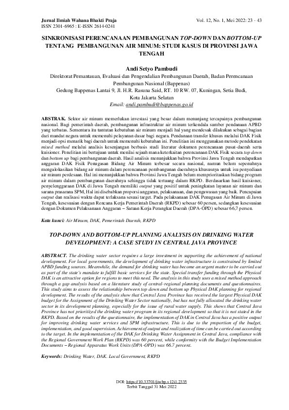 Pdf Sinkronisasi Perencanaan Pembangunan Top Down Dan Bottom Up