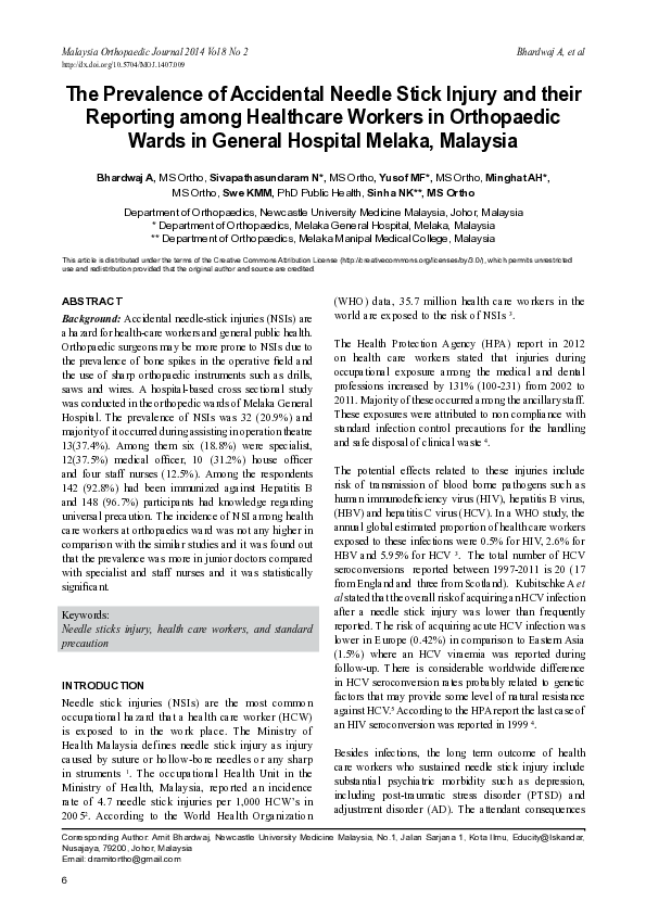 (PDF) The Prevalence of Accidental Needle Stick Injury and their ...
