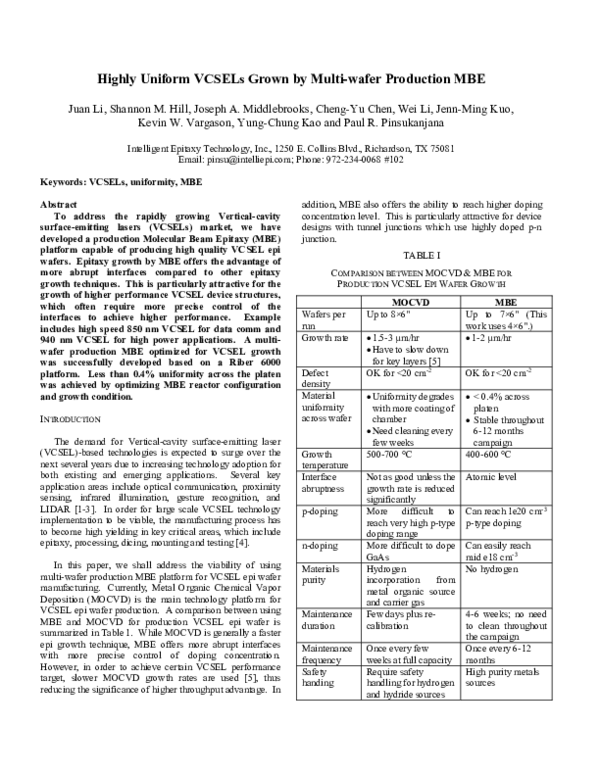 (PDF) Highly Uniform VCSELs Grown by Multi-wafer Production MBE