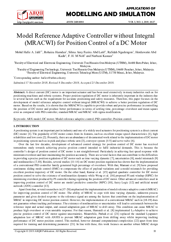 (PDF) Model Reference Adaptive Controller without Integral (MRACWI) for Position Control of DC Motor