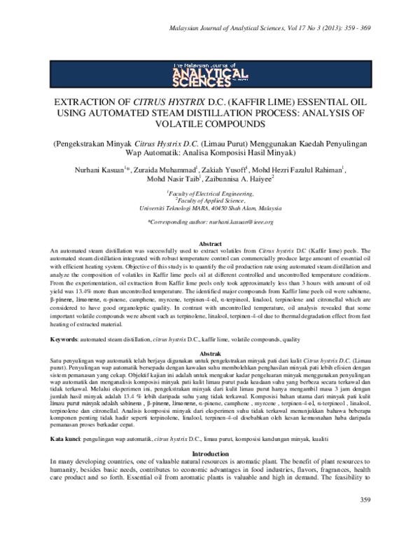 (PDF) Extraction of Citrus Hystrix DC (Kaffir Lime) Essential Oil Using Automated Steam ...