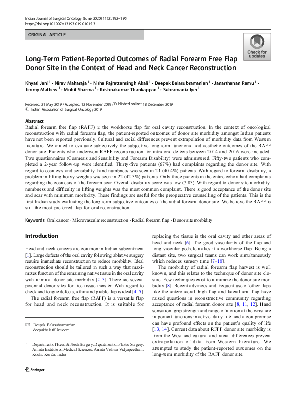 (PDF) Long-Term Patient-Reported Outcomes of Radial Forearm Free Flap ...