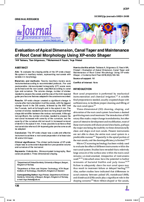 (PDF) Evaluation of Apical Dimension, Canal Taper and Maintenance of ...
