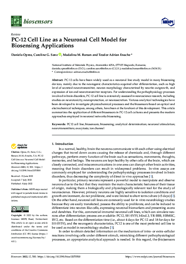 (PDF) PC-12 Cell Line as a Neuronal Cell Model for Biosensing Applications