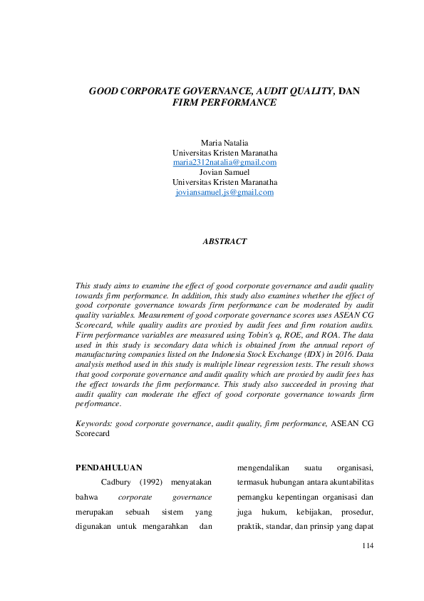 (PDF) Good Corporate Governance, Audit Quality, Dan Firm Performance