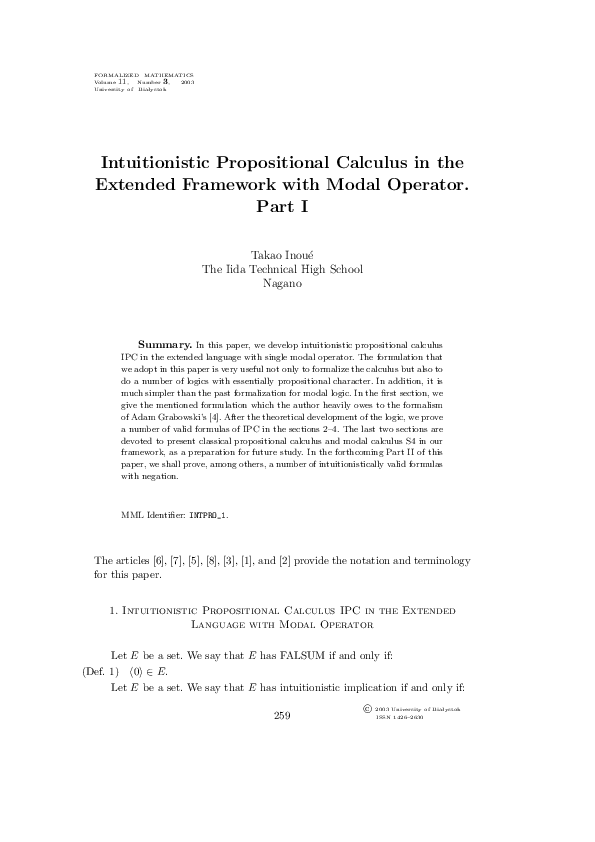 (PDF) Intuitionistic Propositional Calculus in the Extended Framework with Modal Operator. Part I