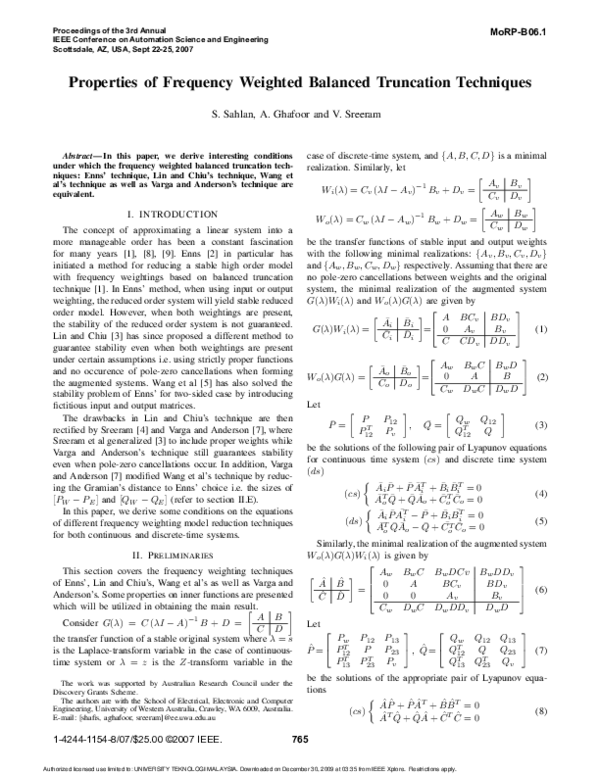 (PDF) Properties of Frequency Weighted Balanced Truncation Techniques