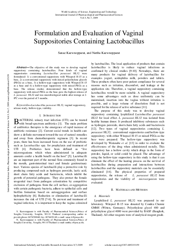 (PDF) Formulation And Evaluation Of Vaginal Suppositories Containing ...
