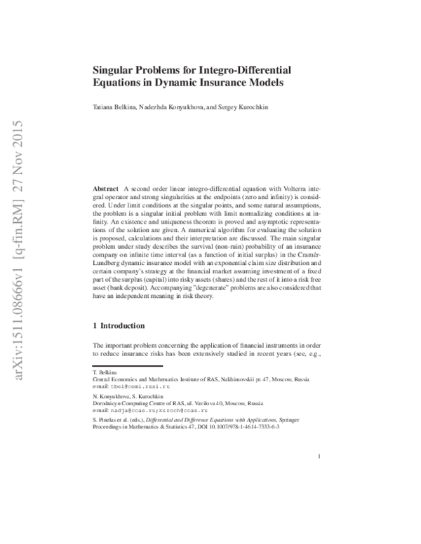 Pdf Singular Problems For Integro Differential Equations In Dynamic Insurance Models