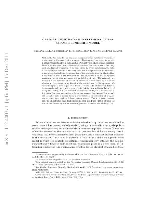 (PDF) Optimal constrained investment in the Cramer-Lundberg model
