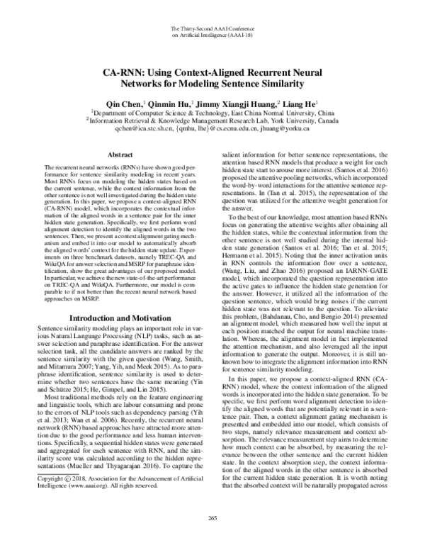 Pdf Ca Rnn Using Context Aligned Recurrent Neural Networks For Modeling Sentence Similarity