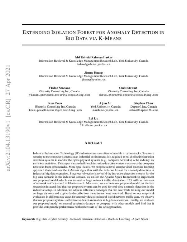 Pdf Extending Isolation Forest For Anomaly Detection In Big Data Via K Means