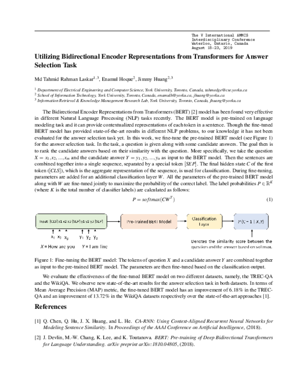 Pdf Utilizing Bidirectional Encoder Representations From Transformers For Answer Selection