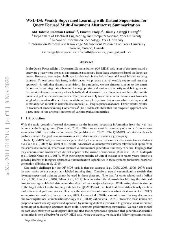 (PDF) WSL-DS: Weakly Supervised Learning with Distant Supervision for Query Focused Multi ...