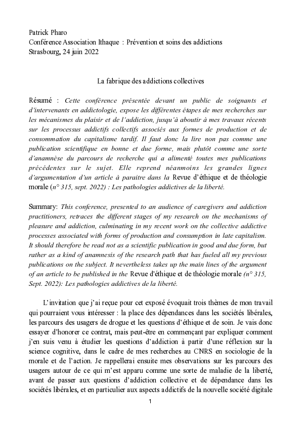 (PDF) Patrick Pharo La fabrique des addictions collectives Conférence ...