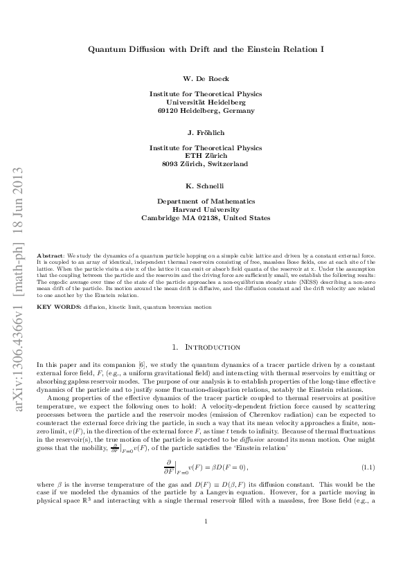 (PDF) Quantum diffusion with drift and the Einstein relation. I