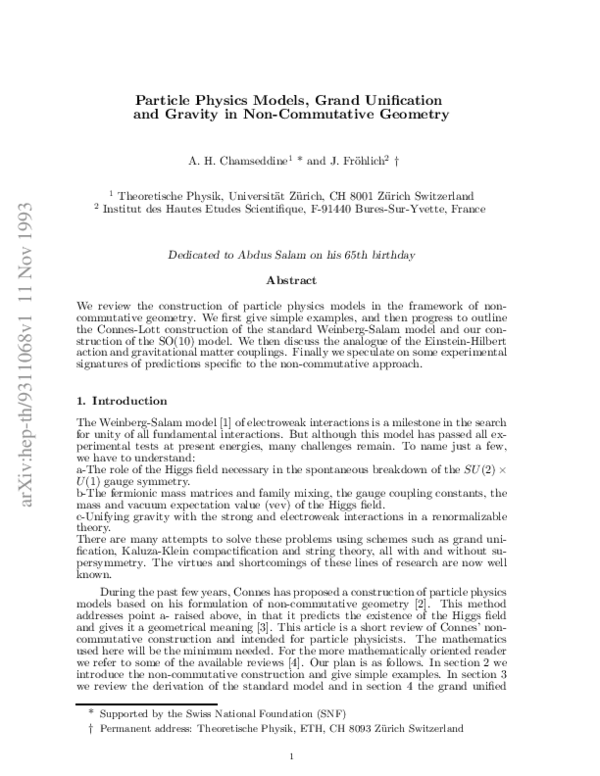 (PDF) Particle Physics Models, Grand Unification, and Gravity in Non-Commutative Geometry