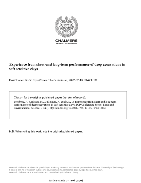 (PDF) Experience from short-and long-term performance of deep excavations in soft sensitive clays