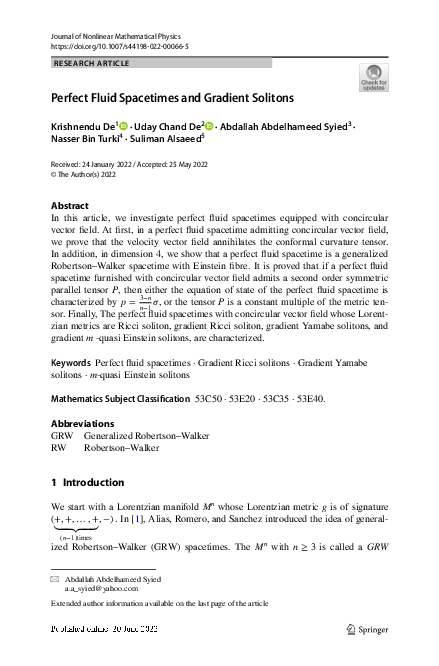 (PDF) Perfect Fluid Spacetimes and Gradient Solitons | Suliman Alsaeed, Abdallah Syied, Uday De ...