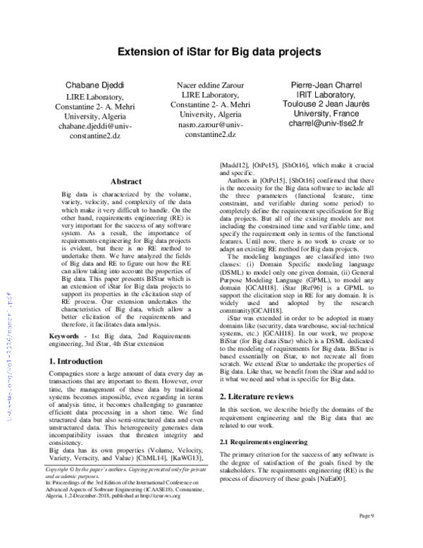 (PDF) Extension of iStar for Big Data Projects