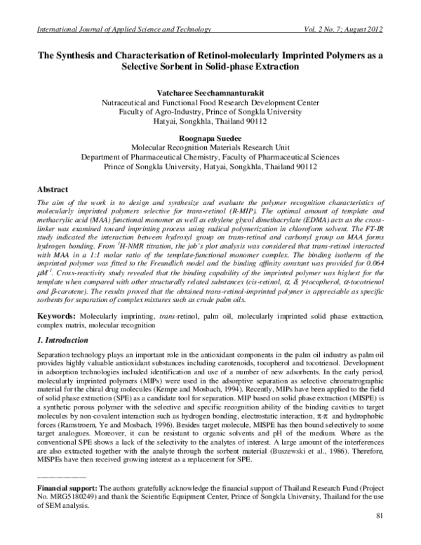 (PDF) The Synthesis and Characterisation of Retinol-molecularly Imprinted Polymers as a ...