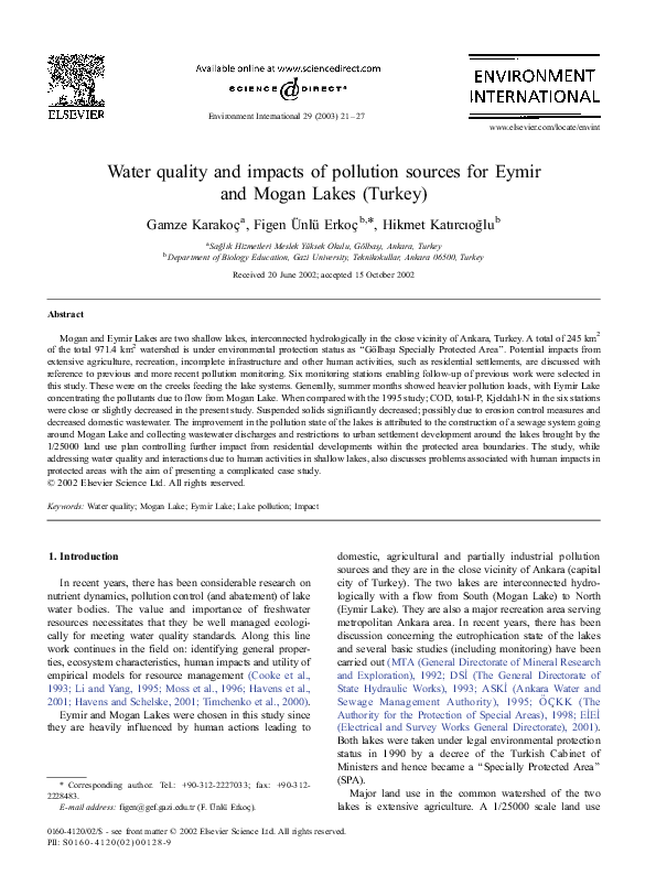 (PDF) Water quality and impacts of pollution sources for Eymir and ...