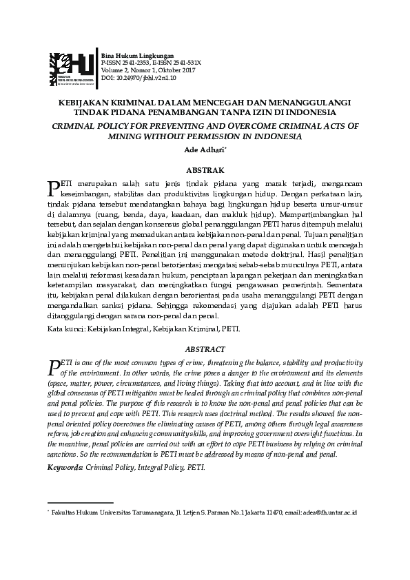 (PDF) Kebijakan Integral Dalam Mencegah Dan Menanggulangi Tindak Pidana Penambangan Tanpa Izin ...