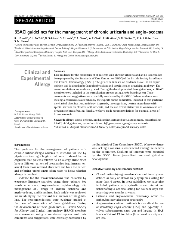 (PDF) BSACI guidelines for the management of chronic urticaria and ...