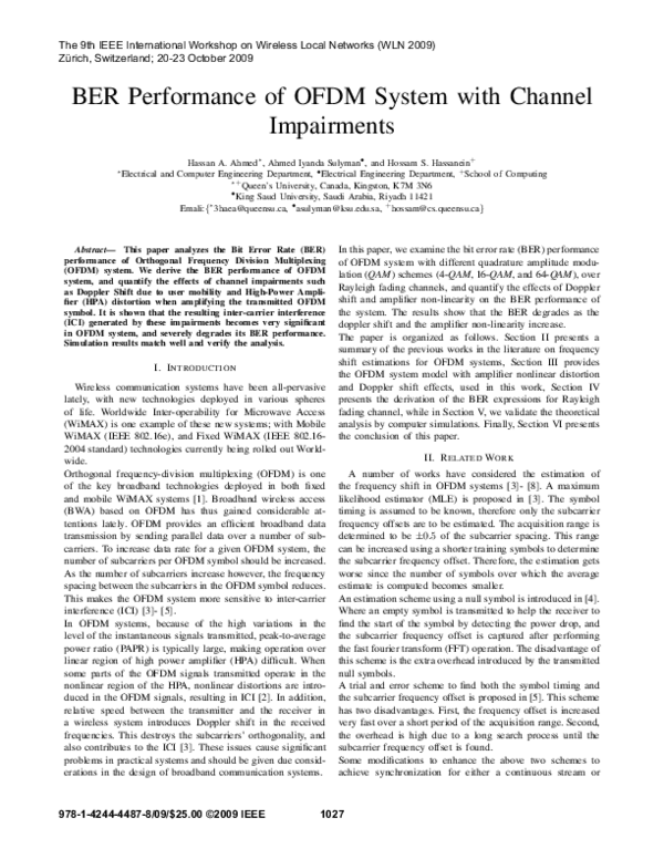 (PDF) BER performance of OFDM system with channel impairments (PDF) BER performance of OFDM system with channel impairments