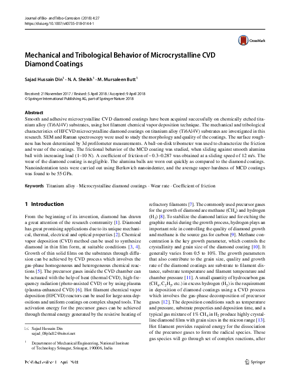 (PDF) Mechanical and Tribological Behavior of Microcrystalline CVD Diamond Coatings