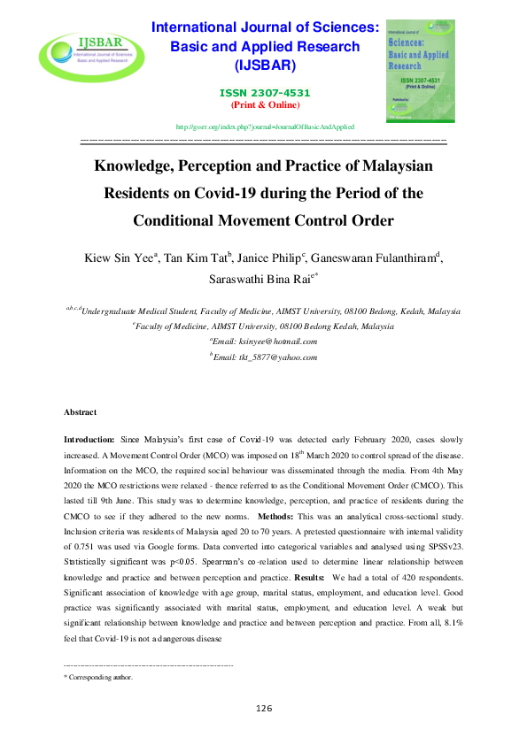 (PDF) Knowledge Perception and Practice of Malaysian Residents on Covid 19 During the Period of ...