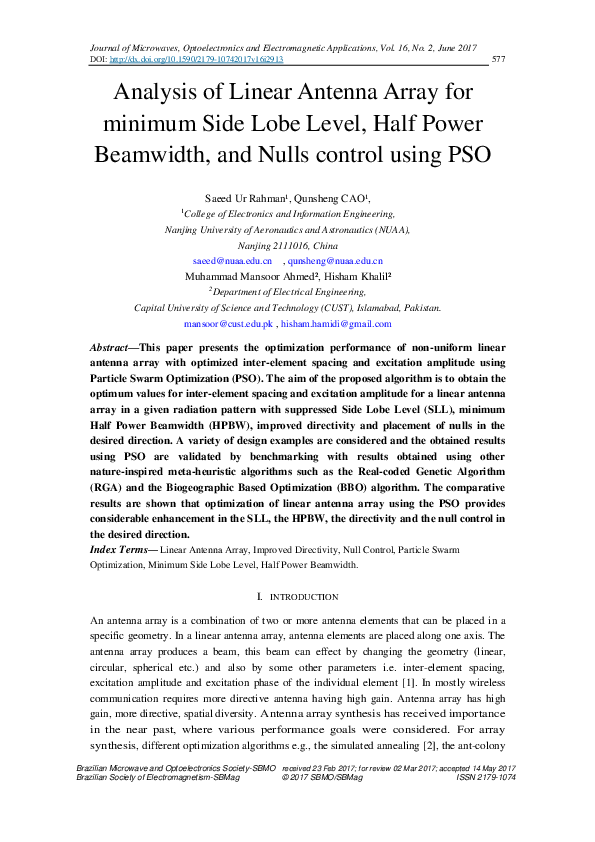 Pdf Analysis Of Linear Antenna Array For Minimum Side Lobe Level Half Power Beamwidth And