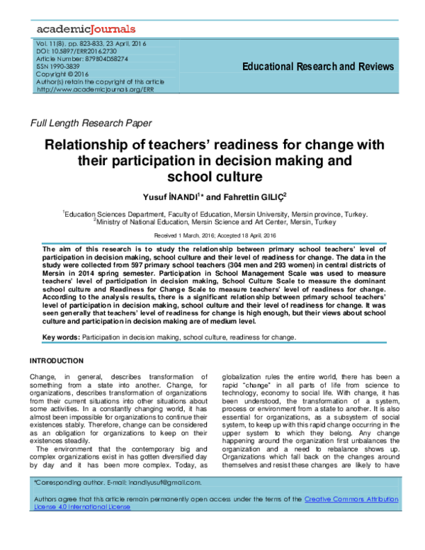 (PDF) Relationship of teachers' readiness for change with their participation in decision making ...