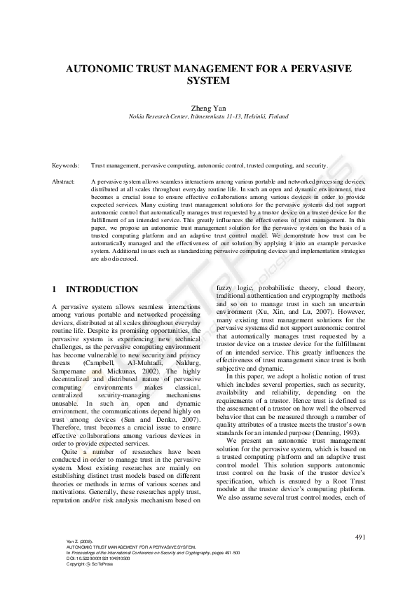 (PDF) Autonomic Trust Management for a Pervasive System