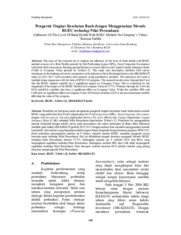(PDF) Pengaruh Tingkat Kesehatan Bank dengan Menggunakan Metode RGEC terhadap Nilai Perusahaan