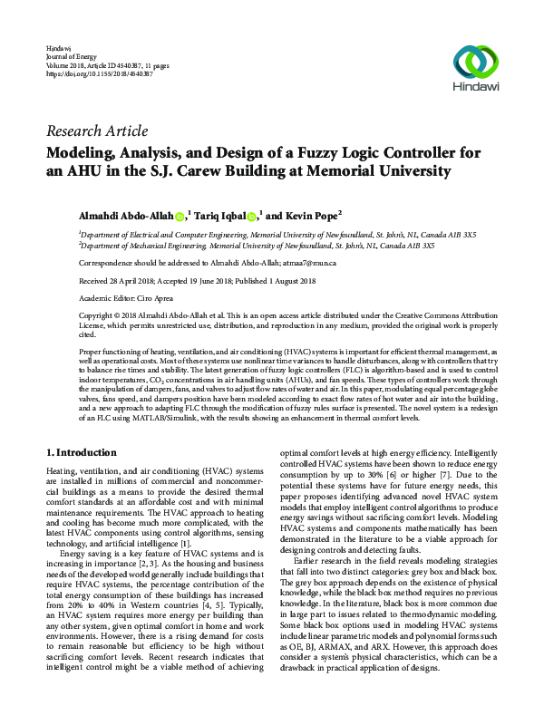 (PDF) Modeling, Analysis, and Design of a Fuzzy Logic Controller for an AHU in the S.J. Carew ...