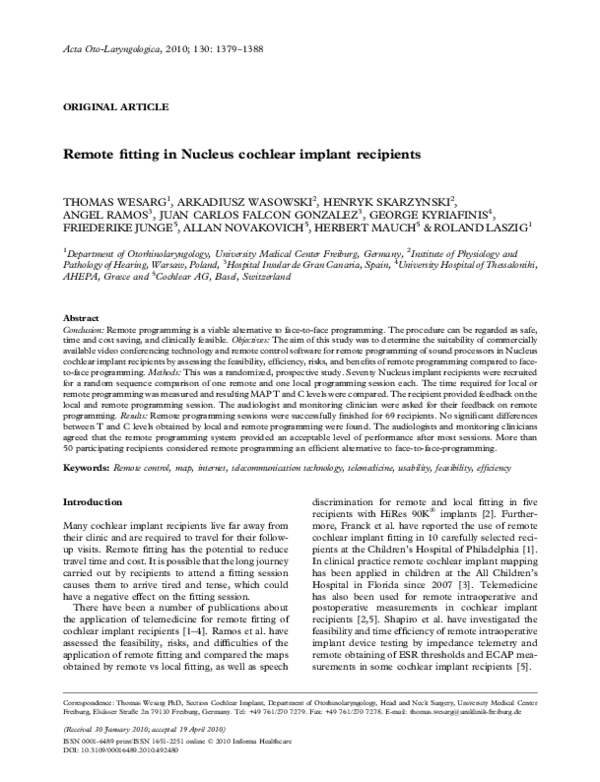 (PDF) Remote fitting in Nucleus cochlear implant recipients