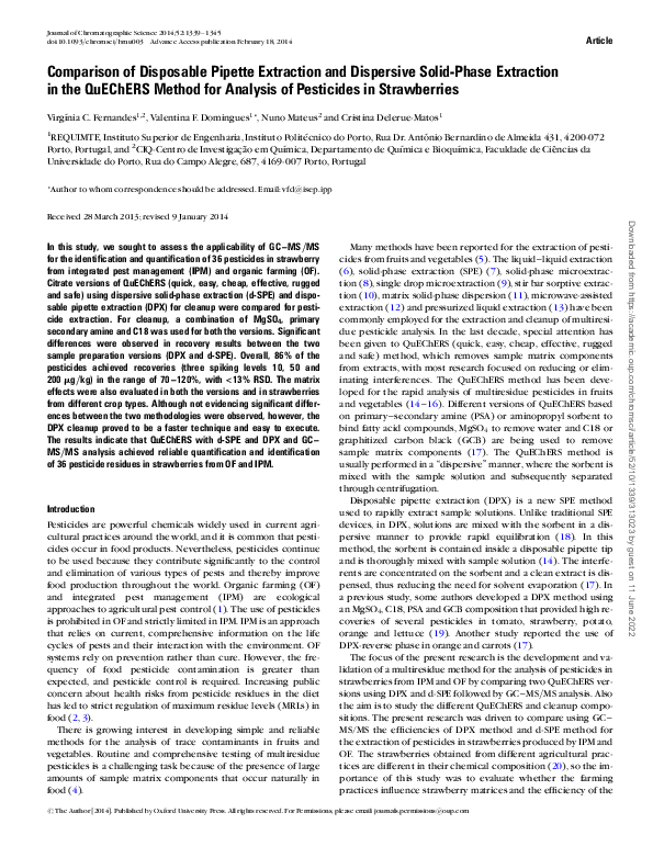 (PDF) Comparison of Disposable Pipette Extraction and Dispersive Solid-Phase Extraction in the ...