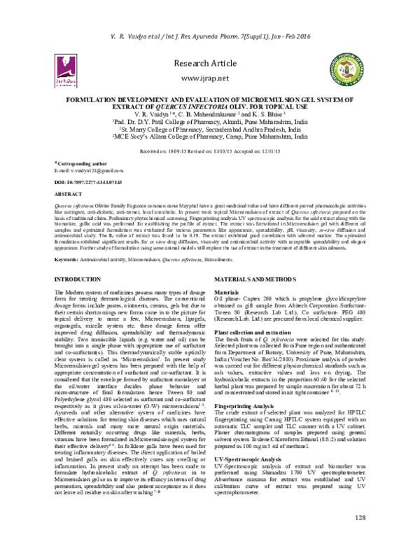 Pdf Formulation Development And Evaluation Of Microemulsion Gel System Of Extract Of Quercus