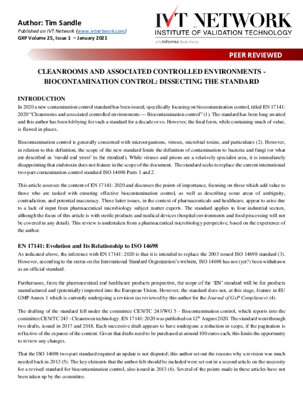 (PDF) Biocontamination control: Dissceting the standard (EN 17141: 2020)