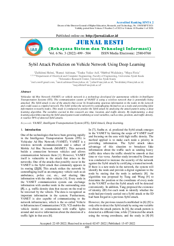 (PDF) Sybil Attack Prediction on Vehicle Network Using Deep Learning
