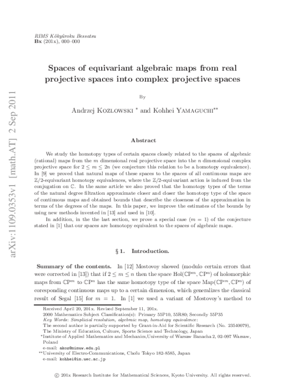 (PDF) Spaces of equivariant algebraic maps from real projective spaces into complex projective ...