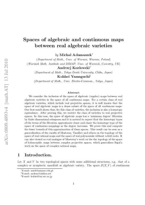 (PDF) Spaces of Algebraic and Continuous Maps Between Real Algebraic Varieties