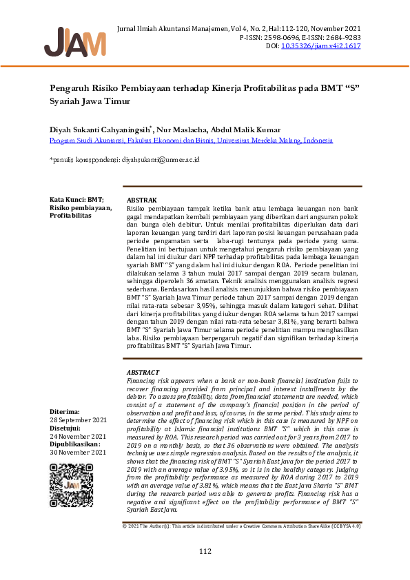 (PDF) Pengaruh Risiko Pembiayaan terhadap Kinerja Profitabilitas pada BMT “S” Syariah Jawa Timur