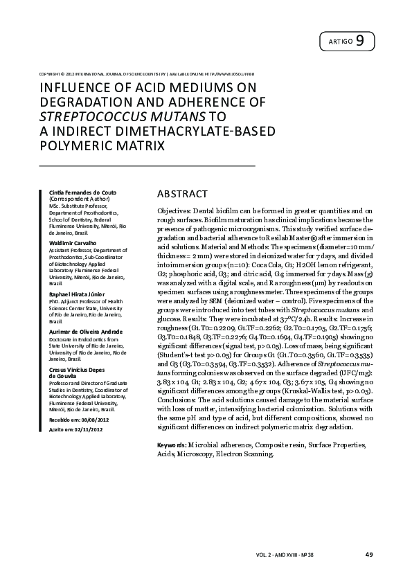 (PDF) Influence of acid mediums on degradation and adherence of streptococcus mutans to a ...