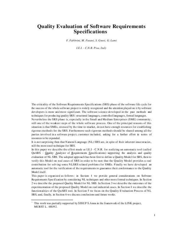 (PDF) Quality Evaluation of Software Requirements Specifications (PDF) Quality Evaluation of Software Requirements Specifications