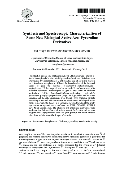 (PDF) Synthesis and Spectroscopic Characterization of Some New Biological Active Azo–Pyrazoline ...